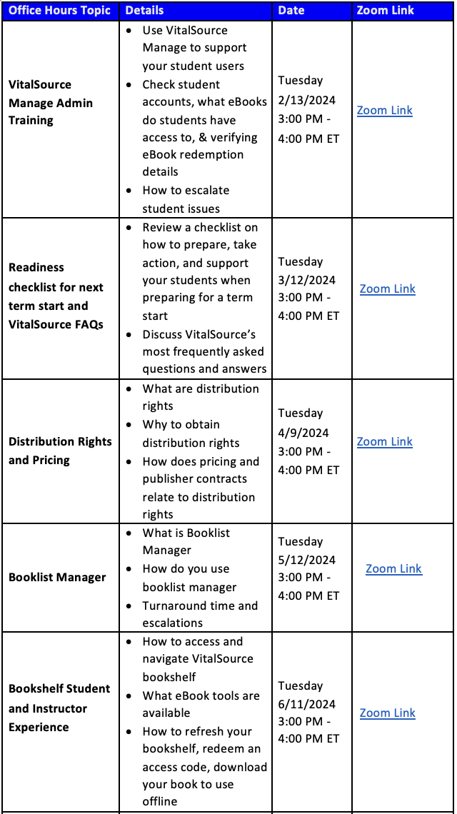 Office Hours Schedule – VitalSource Success